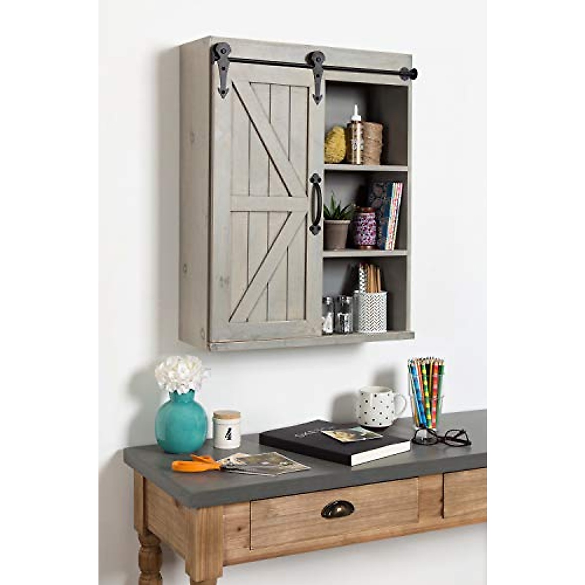 Kate and Laurel Cates Decorative Wood Wall Storage Cabinet with Sliding Barn Door, Rustic Gray