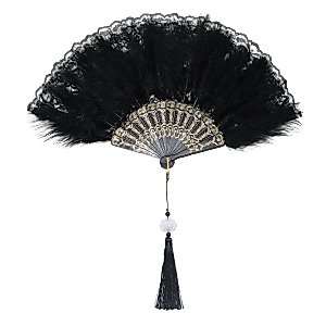 Lace Feather Folding Fan Vintage Spanish Hand Fan for Women Dancing Party Costume Festival Performance (Black)