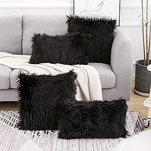 WLNUI Set of 2 Black Decorative Pillow Covers New Luxury Series Merino Style Faux Fur Fluffy Throw Pillow Covers Square Fuzzy Cushion Case 18x18 Inch
