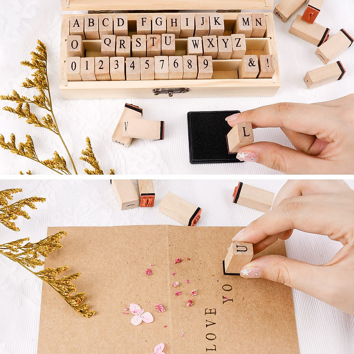 Toptime Letter Stamps, 42Pcs Rubber Alphabet Stamp Set DIY Wooden Stamps with Storage Case, Vintage Number Stamps Mini Symbol Stamps for Crafting, Journaling, Card Making, Scrapbooking, Kids Painting