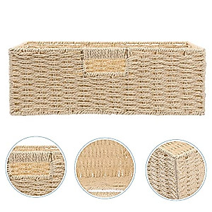 Healifty Rattan Storage Basket Countertop Rectangular Wicker Basket with Handles Book Cosmetic Sundries Holder Hand Woven Basket for Home Office