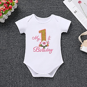 IBTOM CASTLE Baby Girl One Year Old Birthday Floral Lace Party Cake Smash Outfits Short Sleeve Top Princess Romper Bodysuit + Tutu Rainbow Skirt Set+Headband Fancy Dress Hot Pink-1 old,Birthday,