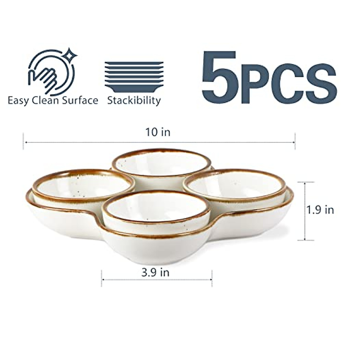 ONEMORE Chip and Dip Serving Set, 10 inch Ceramic Divided Serving Platter Large Appetizer Tray with 4 Removable Dishes for Nuts, Candy, Snacks, Veggies - Creamy White Serving Bowls for Entertaining