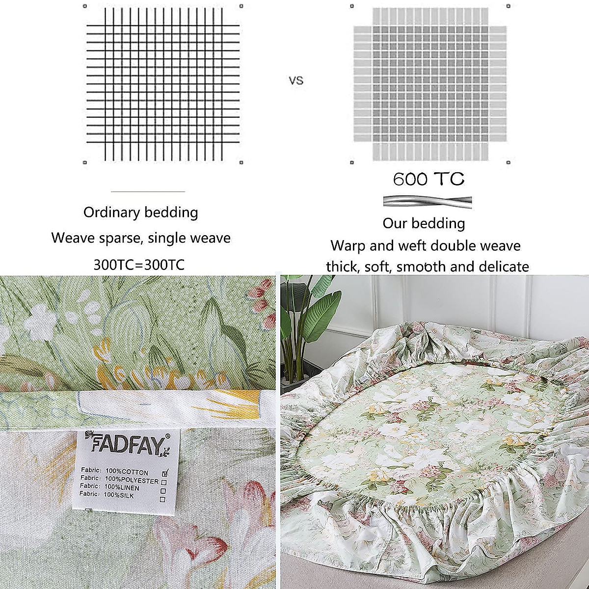FADFAY Floral Bed Sheets Set Queen Size 100% Cotton Mint Green Botanical Sheet Sets Countryside Bedding Soft Breathable Girls Lily Flower Printed Deep Pocket Sheet 17.5 inch, 4 Pcs Queen