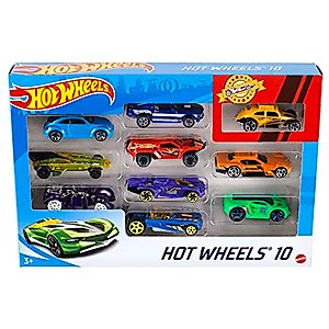 Hot Wheels Set of 10 Toy Cars & Trucks in 1:64 Scale, Race Cars, Semi, Rescue or Construction Trucks (Styles May Vary)