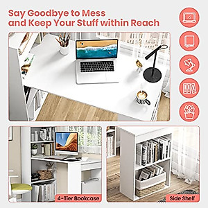 IFANNY 48 Inch Computer Desk with Bookshelf, Reversible Home Office Desk with Open Shelves & CPU Stand, Modern Space-Saving Writing Desk Computer Workstation for Study, Living Room (White)