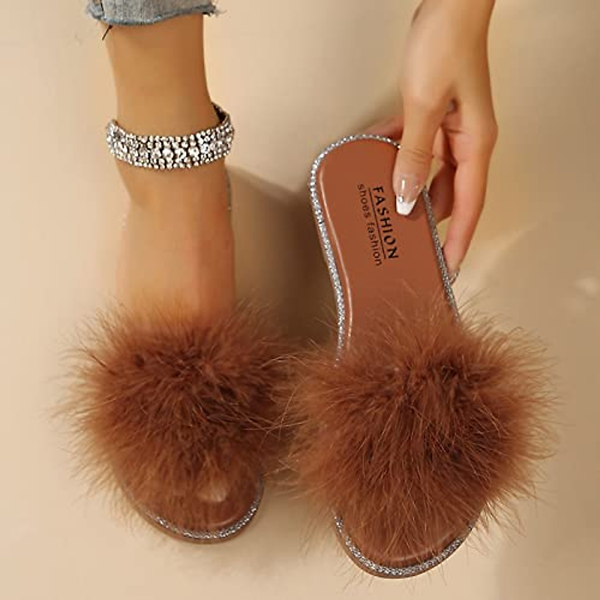 Slide Slippers Women Ladies Fashion Multi Color Plush Rhinestone Decorative Flat Open Toe Beach Slippers (Brown, 6.5)
