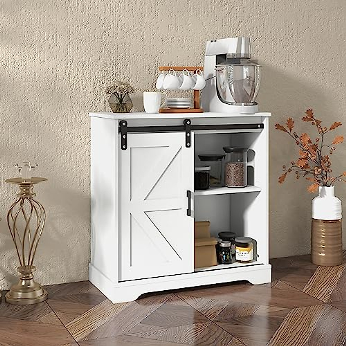 Panana Sliding Barn Door Buffet Sideboard Storage Cabinet Coffee Bar Kitchen Farmhouse Style (White Cabinet)