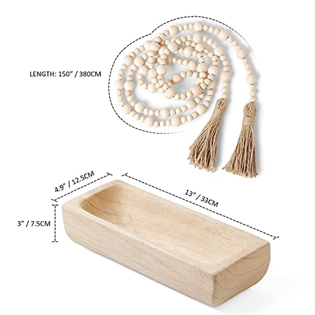 Warm Toast Designs - Wooden Dough Bowl with Stylish Wooden Bead Garland - Dough Bowls for Decor - Wooden Bowls for Decor Make a Beautiful Addition to your Home
