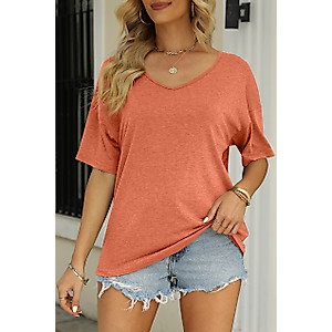MIROL Women's Half Sleeve T Shirts Fashion V Neck Oversized Loose Tops Solid Casual Basic Blouses Orange