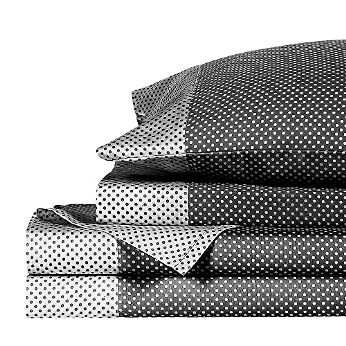 Anne Klein Westhill Dot, 100% Cotton Sateen Sheet Set, with Flat Sheet, Fitted Sheet, Pillowcases,Full, Black