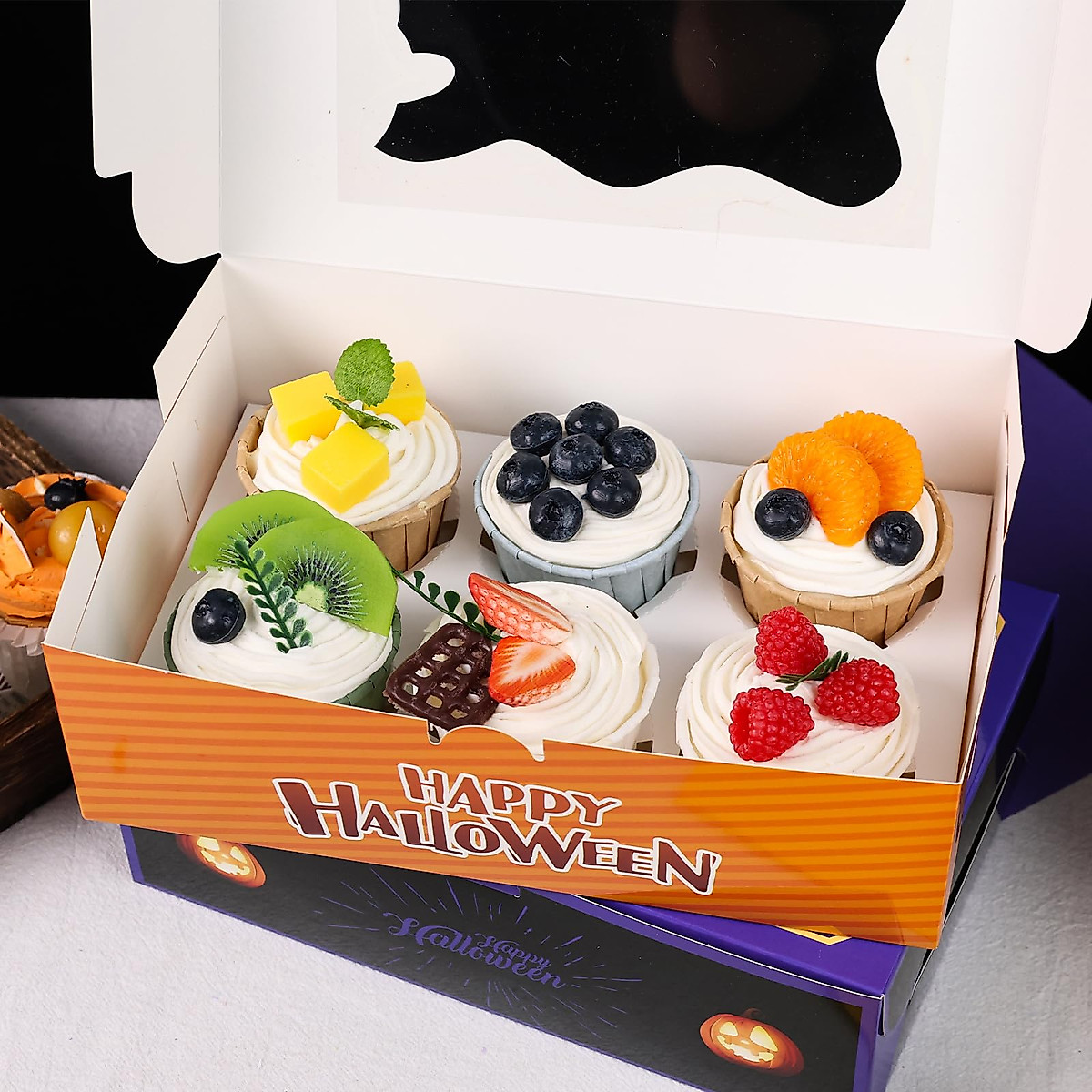 JOHOUSE 6 Count Halloween Cupcake Boxes, 8 Sets Bakery Boxes with Window Halloween Treat Boxes Cupcake Carrier for Birthday Holiday Bakery Supplies Halloween Party Decorations 9.5"x6.3"x3"