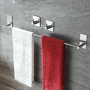 Taozun Towel Bar - 24 Inch Towel Holder with 2 Packs Adhesive Hooks, Hand Towel Rack Stick on Wall, Stainless Steel Bathroom Hardware Accessory Kit