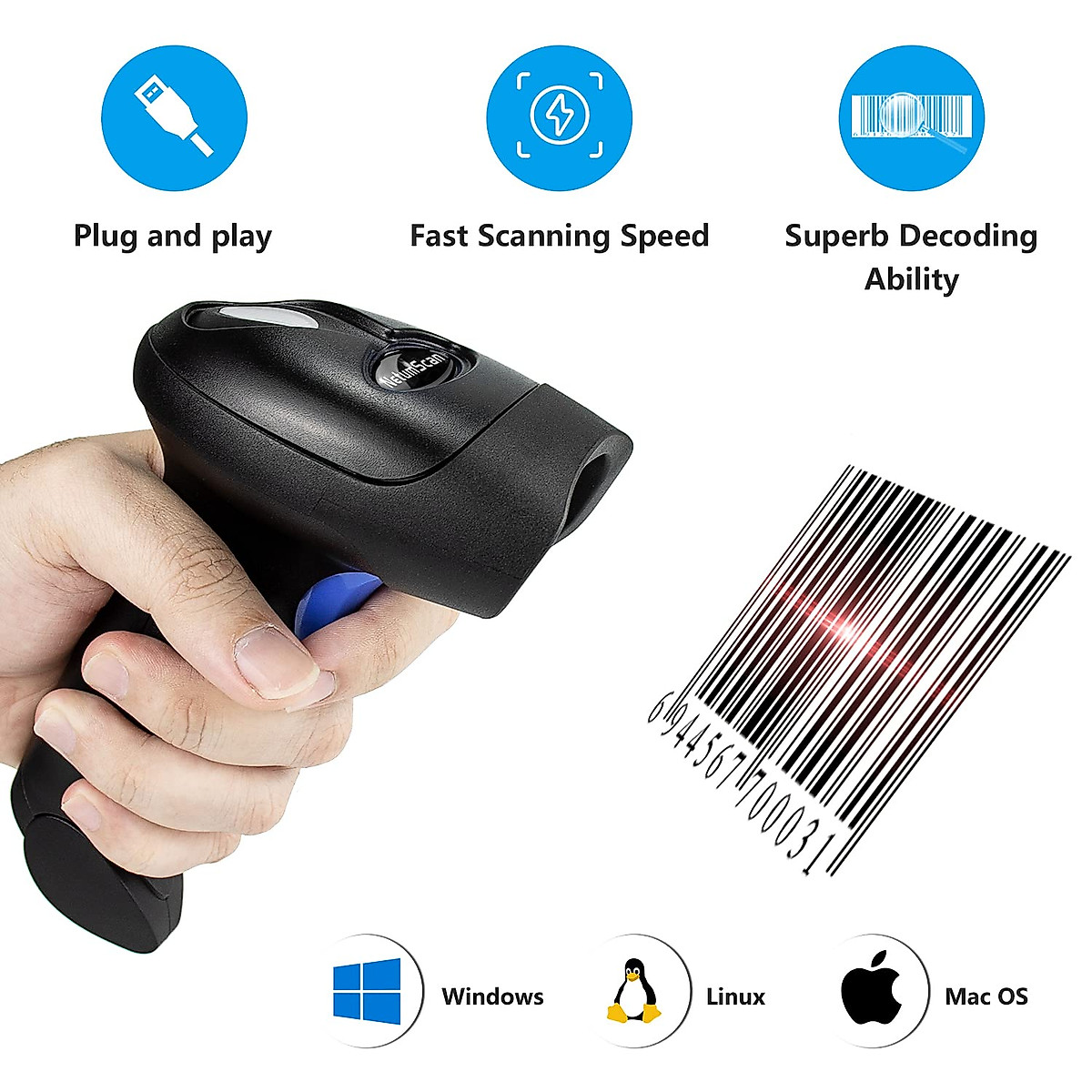 NetumScan Wireless Barcode Scanner with Stand, Portable Automatic Barcode Reader 2-in-1 (2.4G Wireless & USB 2.0 Wired QR Code Scanner for Warehouse POS and Computer (1D)