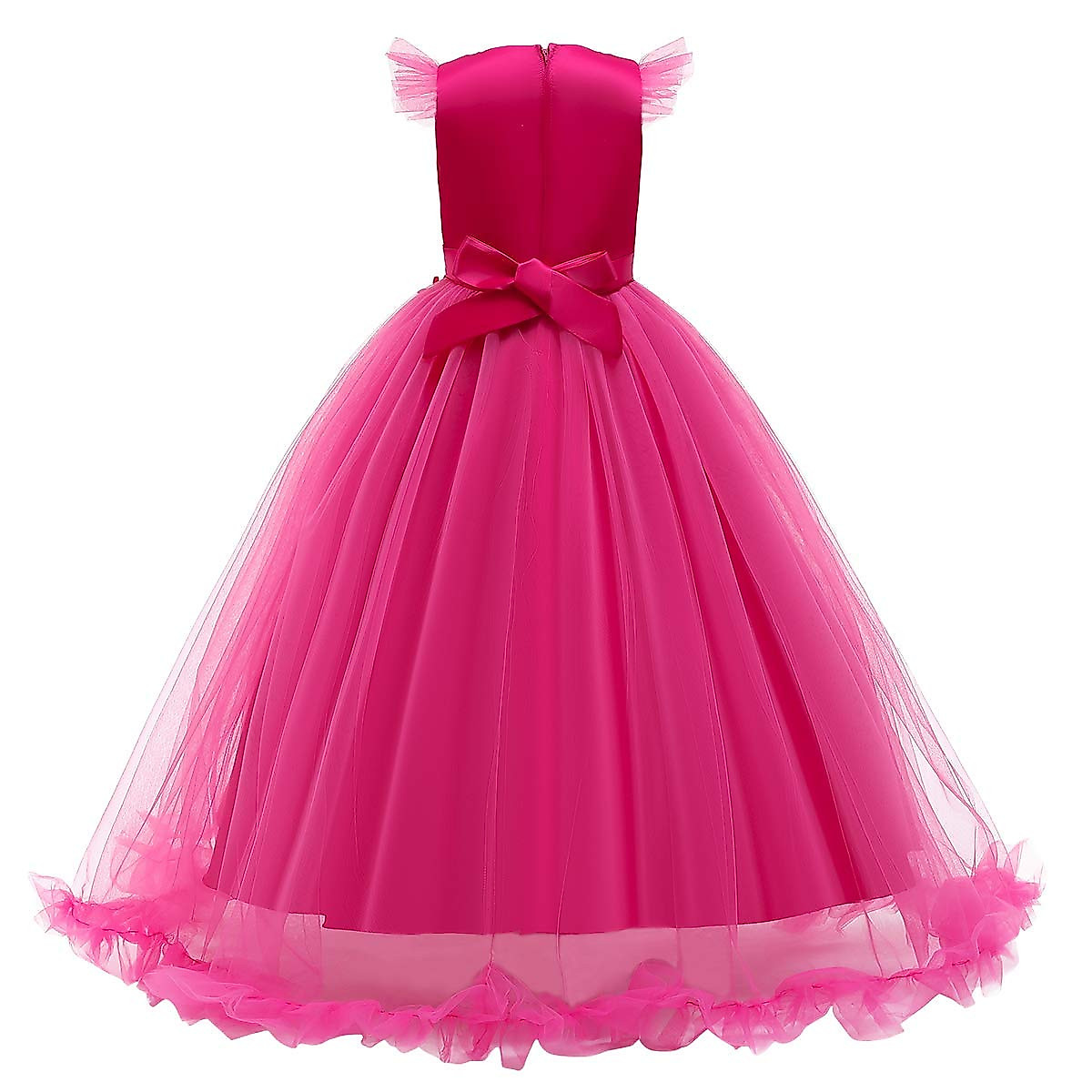Girls Lace Pageant Party Dress Wedding Flower Girl Maxi Gowns Flower A Line Birthday Dance Evening Tulle Floor Length Skirt Hot Pink 6-7 Years