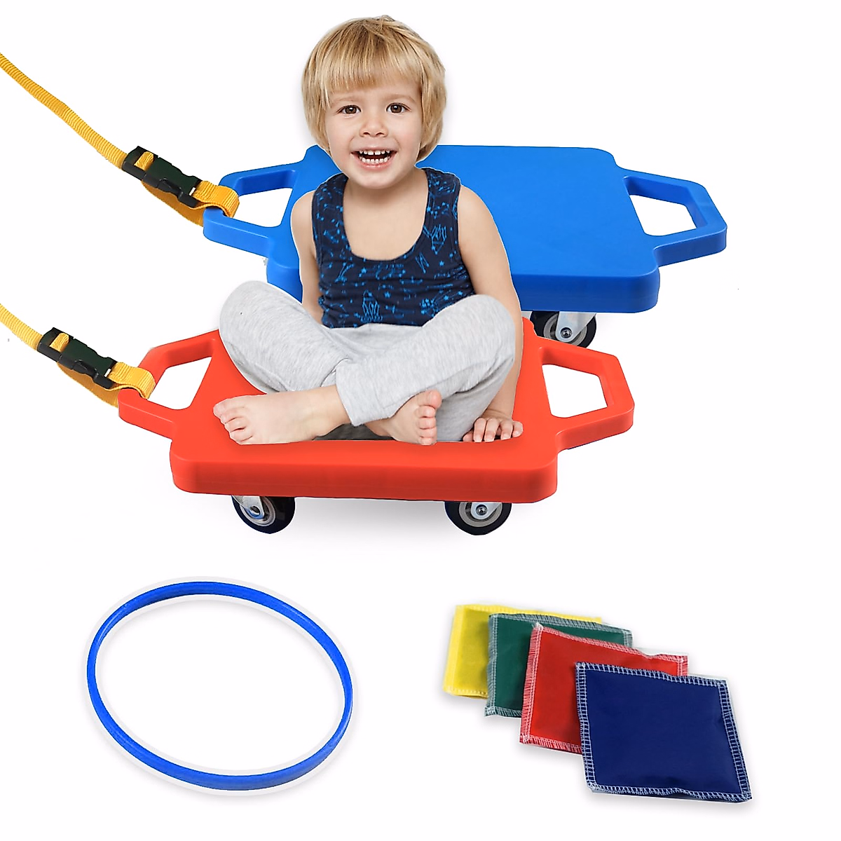 romrex 2 Plastic Scooter Boards with Handles for Kids Sitting and Sports Training, with 1 Ring, 2 Ropes and 4 Beanbags, Indoor and Outdoor Play