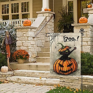 HOSCAPE Halloween Garden Flag 12.5 x 18 Inch Vertical Double Sided, Pumpkin Spider Cat Boo Halloween Flags Burlap Small House Yard Flag for Outdoor Indoor Decoration