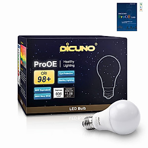 DiCUNO ProOE A19 LED Bulbs 60W Equivalent, 3000K Warm White, 806 Lumens 9W LED Light Bulb, High CRI 98, Non-dimmable, 100-240V, E26 Medium Base, Frosted, Pack of 6