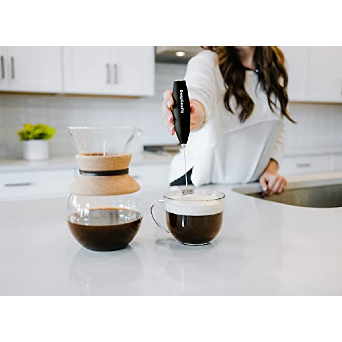 DeepSeaFit Hand Blender & Mixer for Pre-Workout, Protein, Formula, Powder Supplements, Coffee Art, Mixer Stick, Hand Mixer Electric, Milk Frother Batteries Included, Veteran Owned & Operated (Black)