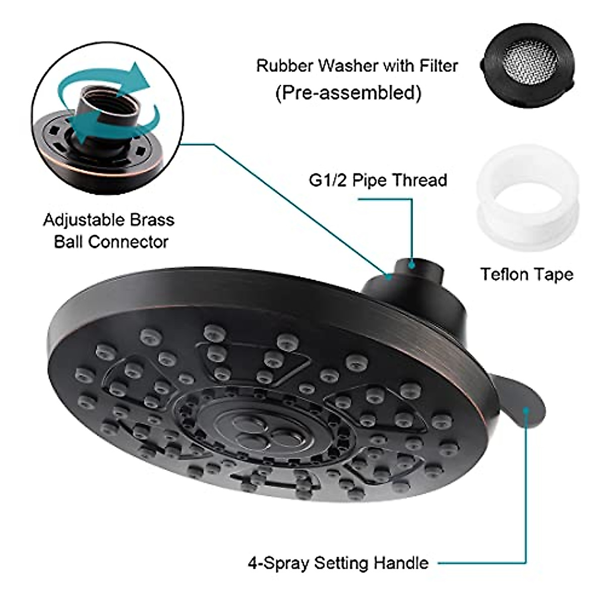 BIRGHT SHOWERS Rain Shower Head 8 Inch Four Spray Settings Fixed Shower Head with Adjustable Brass Ball Joints, Oil-Rubbed Bronze
