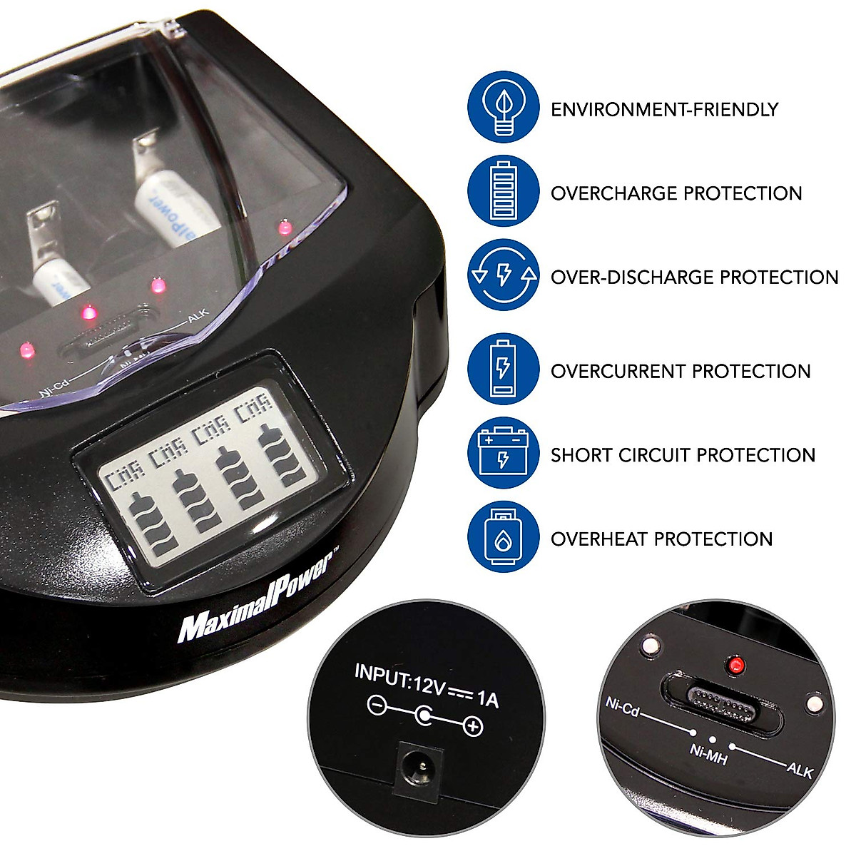 MaximalPower Universal Battery Charger Station for Alkaline, RAM, Ni-MH, Ni-CD, AA, AAA, C, D, 9V Batteries | FC999 Model (Battery Charger)