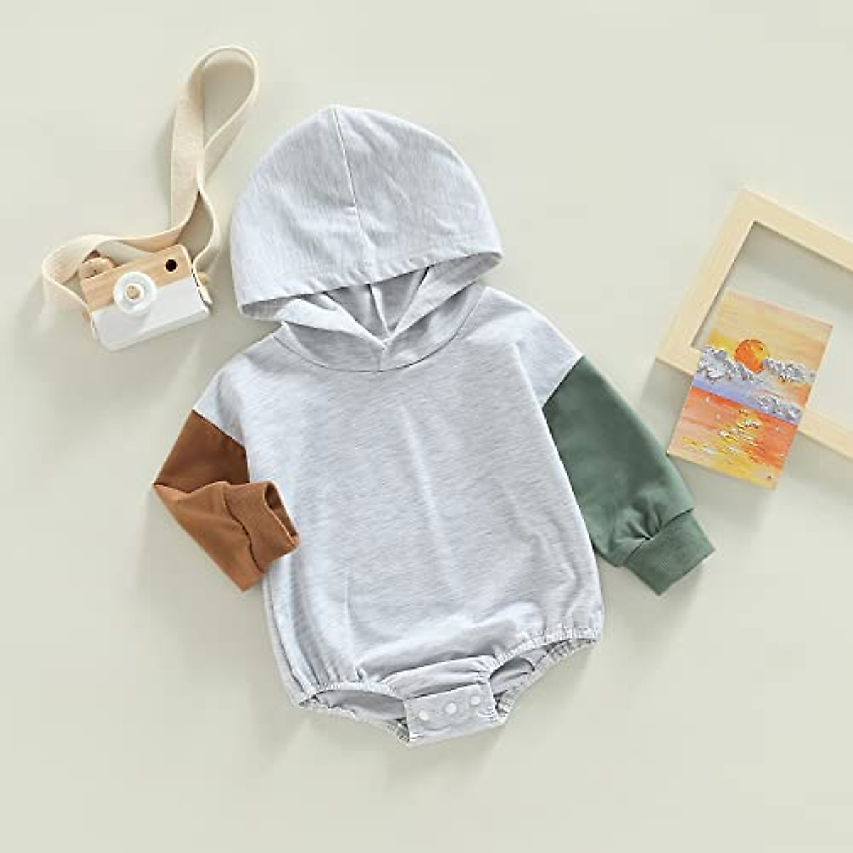 Newborn Infant Unisex Baby Boy Girl Clothes Hooded Oversized Sweatshirt Romper Long Sleeve Hoodie Tops Fall Winter Outfit ( Color Block Light Grey, 3-6 Months )