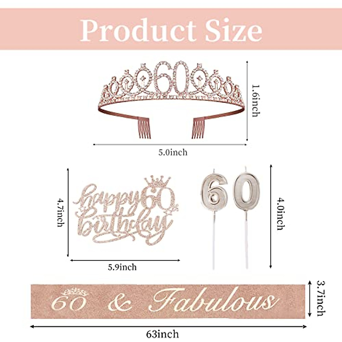60th Birthday Decorations Women, Including 60th Birthday Crown/Tiara, Sash, Cake Topper and Candles, 60th Birthday Gifts for women