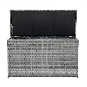 Teamson Home 154 Gallon Lined Weather Resistant Outdoor Rattan Wicker Patio Deck Storage Box with Soft Close Hinges for Patio Furniture Cushions or Pool Accessories, Gray