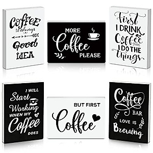 6 Pcs Wooden Mini Coffee Bar Sign Farmhouse Coffee Bar Decor Rustic But First Coffee Sign Love Is Brewing Coffee Table Sign Vintage Coffee Wood Plaque for Coffee Tiered Tray Decor Home Decorations