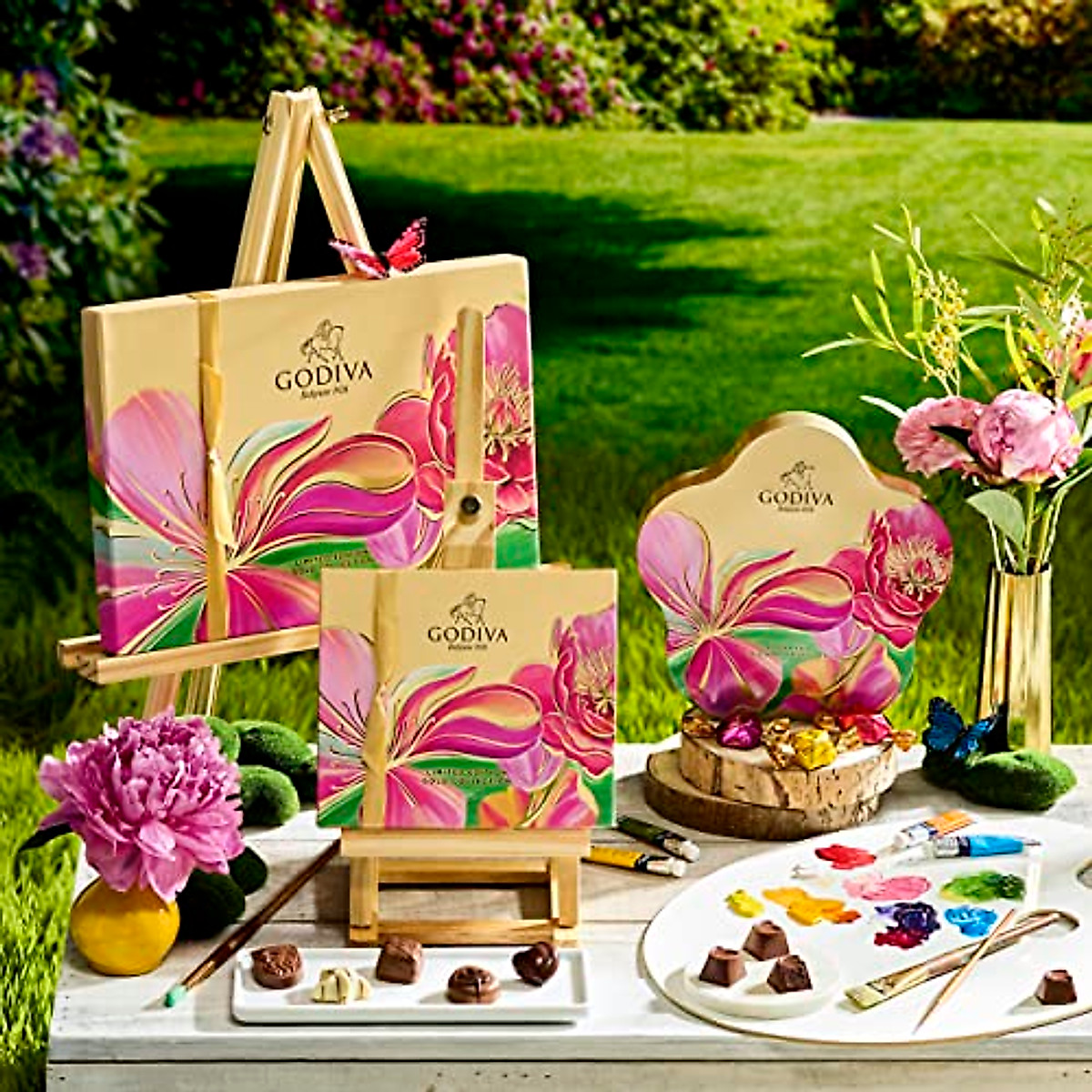 Godiva Chocolatier Gourmet Chocolate Gift Box - Assorted Dark, Milk, White, Raspberry, Caramel, and Chocolate - Elegant Spring Floral Box - 19 Pieces