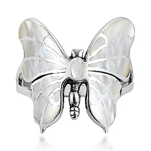 AeraVida Exotic Graceful Butterfly White Mother of Pearl Inlay .925 Sterling Silver Ring