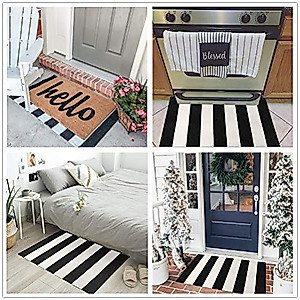 KaHouen Black and White Striped Rug (23.6 x 35.4 Inches), Indoor Outdoor Striped Doormats, Handmade Woven Farmhouse Layered Door Mats Striped Mat for Front Door/Kitchen/Laundry/Bathroom/Living Room