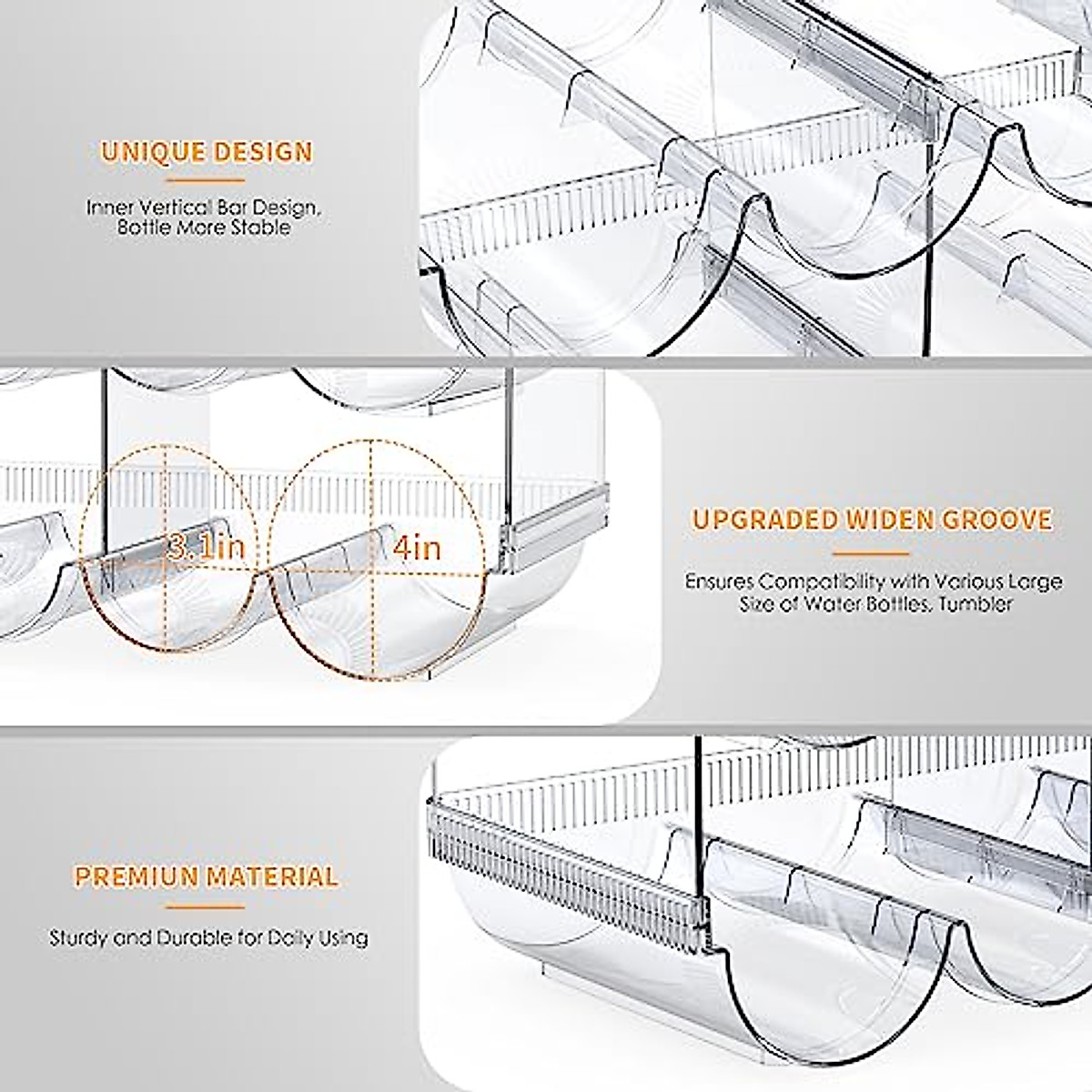 Water Bottle Organizer (Upgraded Widen), 2 Pack Stackable Plastic Water Bottle Cup Holder, Wine/Drink/Water Bottle Storage Stand for Kitchen Countertop, Cabinet, Freezer, Pantry, Hold 8 Containers