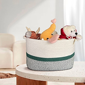 ART pinecone cotton rope basket, Oval woven nursery storage basket, Cute Dog Toy Basket Baby Nursery Hamper Shelf Decorative Bin,15"L x 10"W x 9"H (1-pack, 3 tones Navy blue & white)