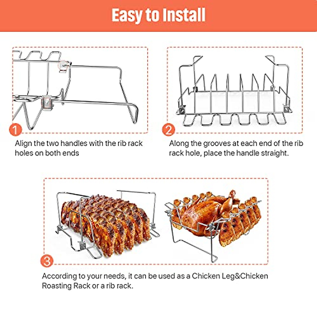 3 in 1 Extra Large Rectangle Rib Rack&Chicken Leg Rack with Brush, Stainlesss Steel Roasting Rack with 2 Handle for Smoker, Oven and Grill, Holds Up to 5 Ribs, Easy to Use&Clean