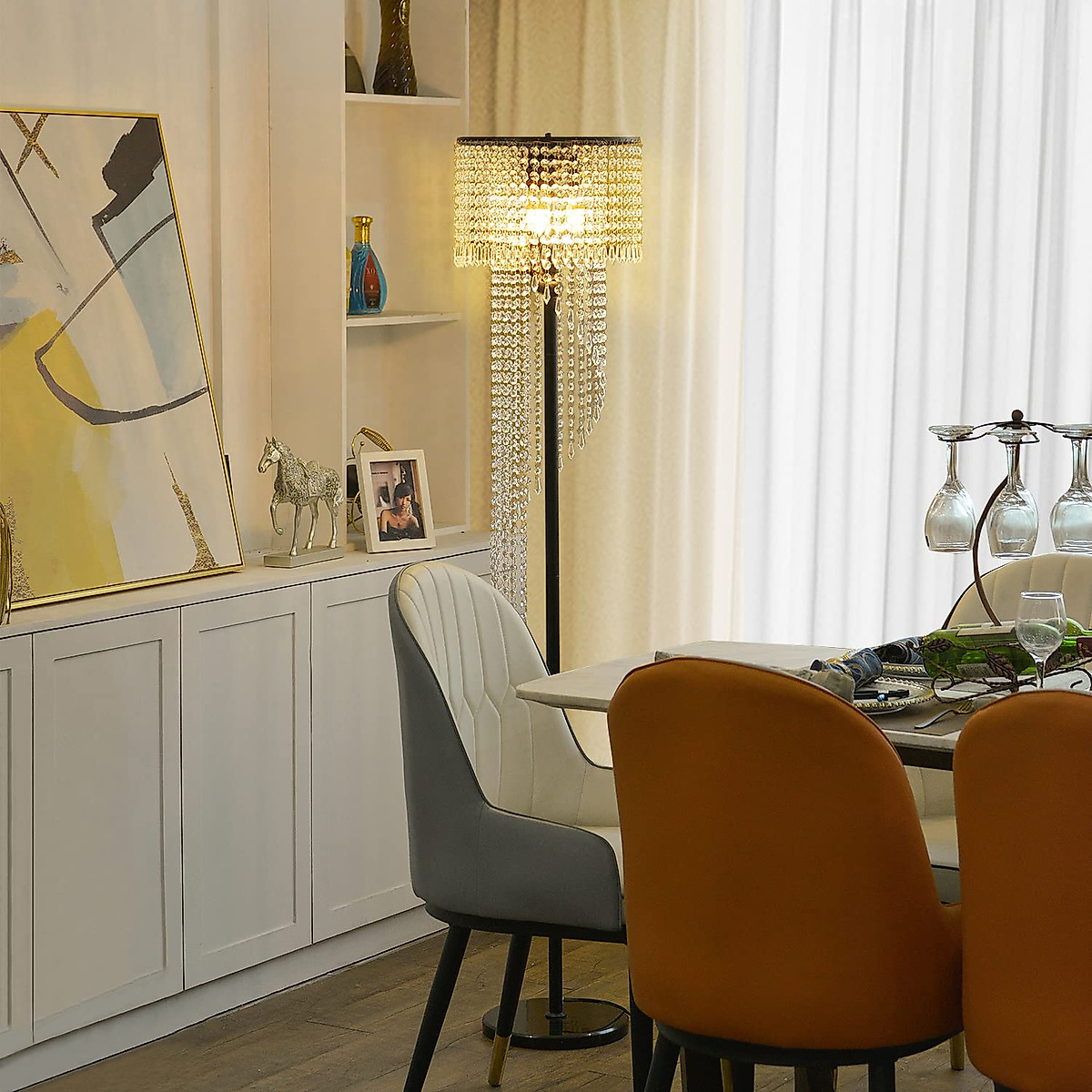 Hsyile KU300270 Mini Modern Elegance Crystal Floor Lamp for Living Room,Bedroom,Office - Standing Tall Pole Lamp - Classic Black - 3 Lights