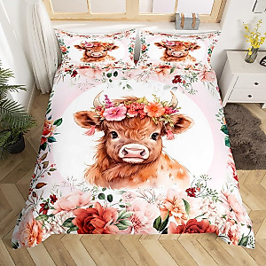 Feelyou Cute Highland Cow Bedding Set Queen Size Kids Cartoon Animal Comforter Cover Set for Boys Girls Teens Flower Floral Print Duvet Cover Farm Zoo Garden Theme Bedspread Cover (No Comforter)