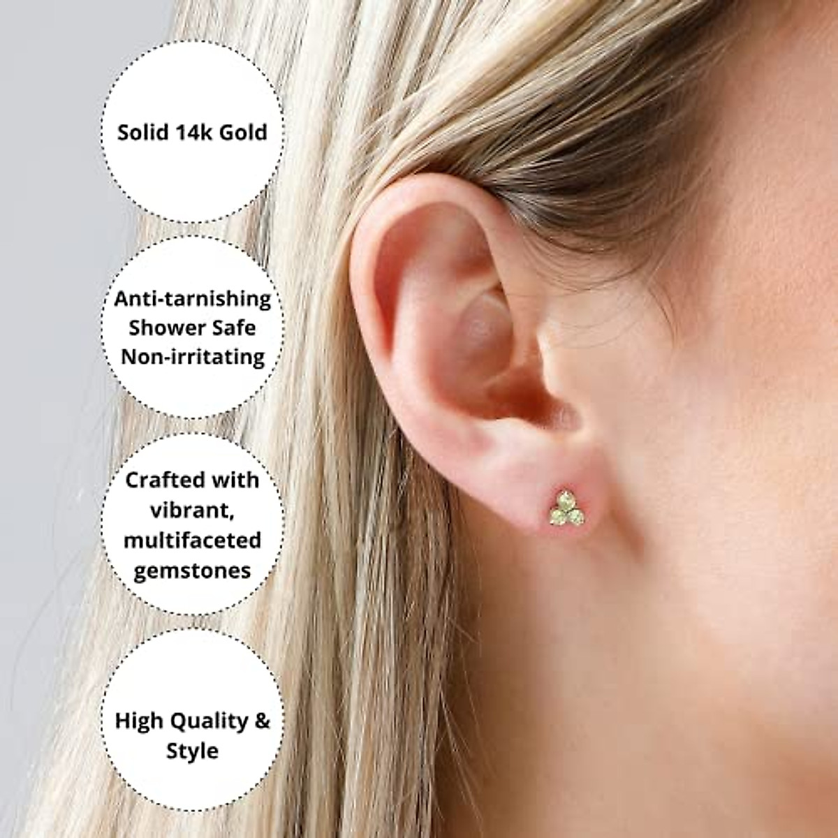 MAX + STONE 14k White or Yellow Gold Small Gemstone Trio Round Stud Earrings for Women with Push Backs and Birthstones (Created Blue Sapphire, white-gold)