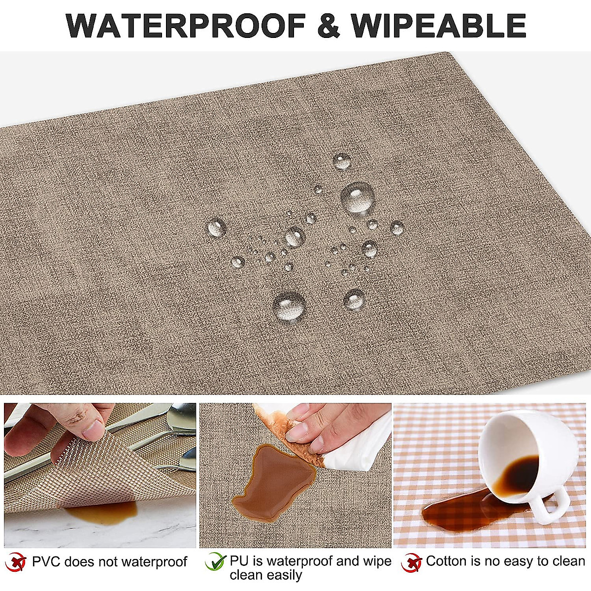 LANDVIEW Leather Heat Resistant Placemats Set of 6 Waterproof Wipeable Washable PU Table Mats,Easy to Clean Anti-Slip Place Mats (Light Brown, 6)