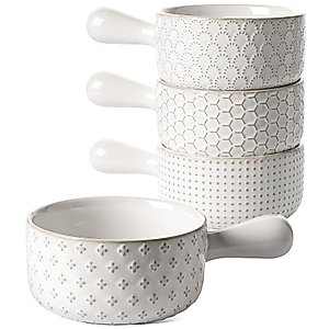 LE TAUCI French Onion Soup Bowls, 18 Ounce Soup Bowls With Handles for Chili, Beef Stew, French Onion Soup Crocks Oven Safe - 5 inch, Set of 4, Arctic White