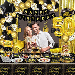 50th Birthday Decorations - Black and Gold Party Decorations, Black Gold Balloons, Banner, Plates, Napkins, Cups, Tablecloth, Birthday Party Supplies for Women and Men, Serve 20