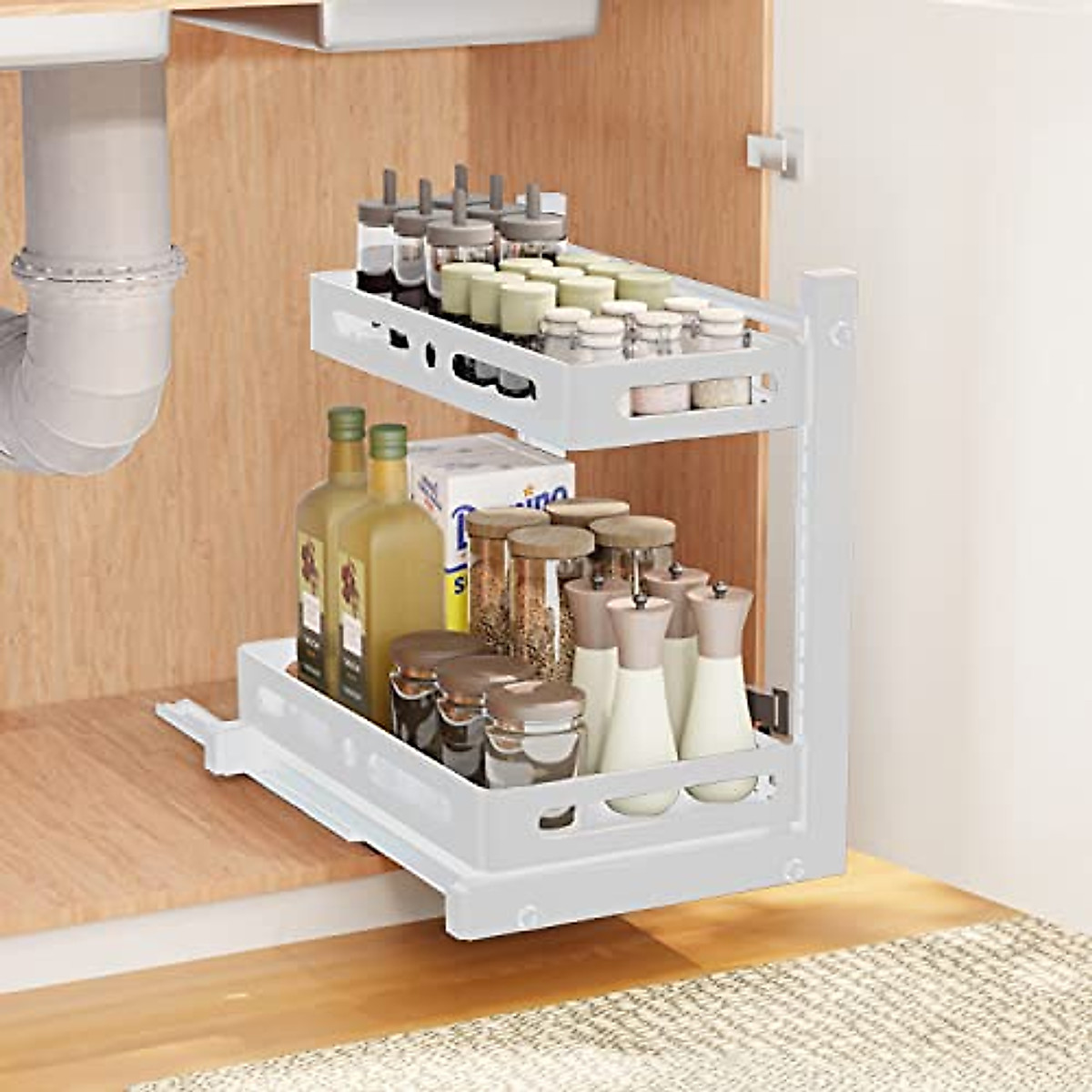 Generic Under Sink Organizer, 2-Tier Metal Pull Out Kitchen Cabinet Organizer, Freely Adjustable, Rust Resistant, Sturdy Multi-Functional for Bathroom Organization, White