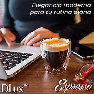 DLux Espresso Coffee Cups 3oz, Double Wall, Clear Glass Set of 2 Glasses, Insulated Borosilicate Glassware Tea Cup Mug