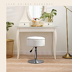 LUE BONA 360°Swivel Vanity Stool Chair for Makeup Room, Height Adjustable Stool for Vanity with Storage, Small White Faux Leather Vanity Stool for Bathroom, Living Room