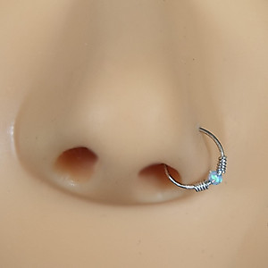 Handmade Silver 2Pcs 9MM Nose Ring Cartilage Helix Piercing Hoops with 2mm Blue Opal, 925 Sterling Silver Tiny 9MM Thin 22Gauge Hoop for women, by MiYa Jewelry