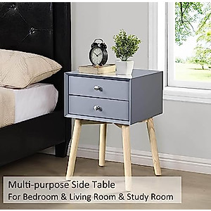 Mid Century Modern Nightstand with 2 Drawers, Gray Side Table with Storage, Small End Table for Bedroom, Living Room