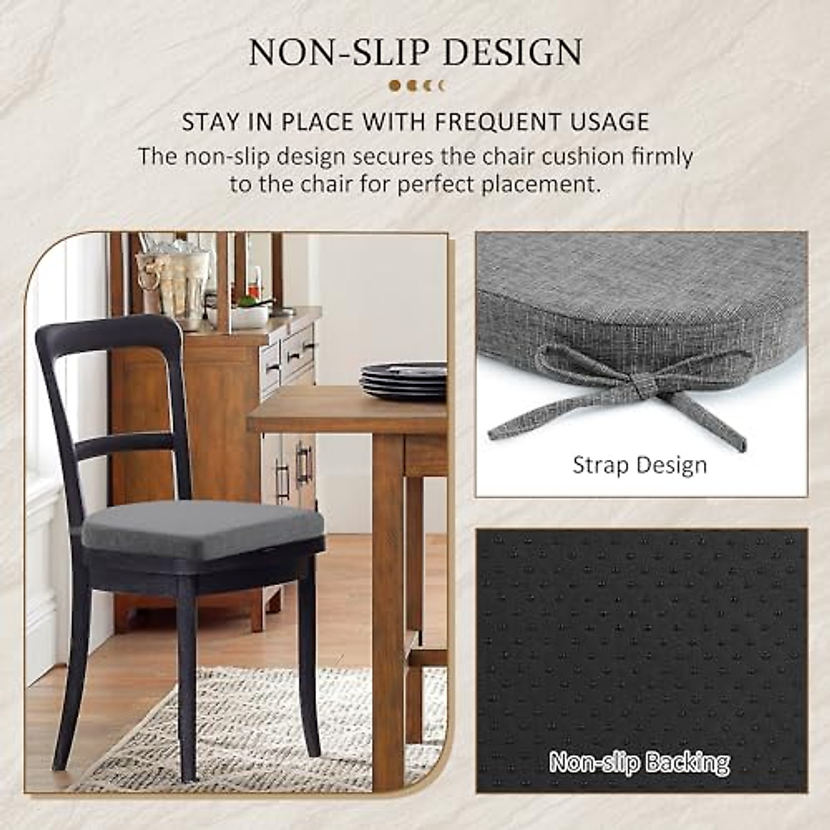 LOVTEX Chair Cushions for Dining Chairs 6 Pack - Memory Foam Chair Pads with Ties and Non-Slip Backing - Seat Cushion for Kitchen Chair 16x16x2, Dark Gray