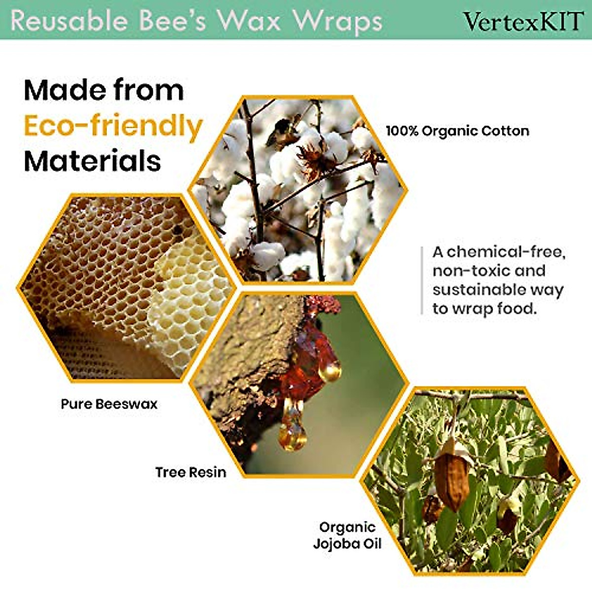 Beeswax Wrap by VertexKIT - ECO-Friendly Reusable and Washable Wraps - Biodegradable Reusable - Plastic-Free, Alternative and Sustainable Food Storage - Re-washable All Natural - Keeps Produce Fresh