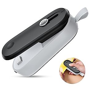 FEPPO Bag Sealer Heat Seal, 2 in 1 Heat Sealer and Cutter with Lanyard, Mini Food Sealer Portable Chip Bag Resealer Machine for Plastic Bags Food Snack Storage (Batteries Included), Black/White