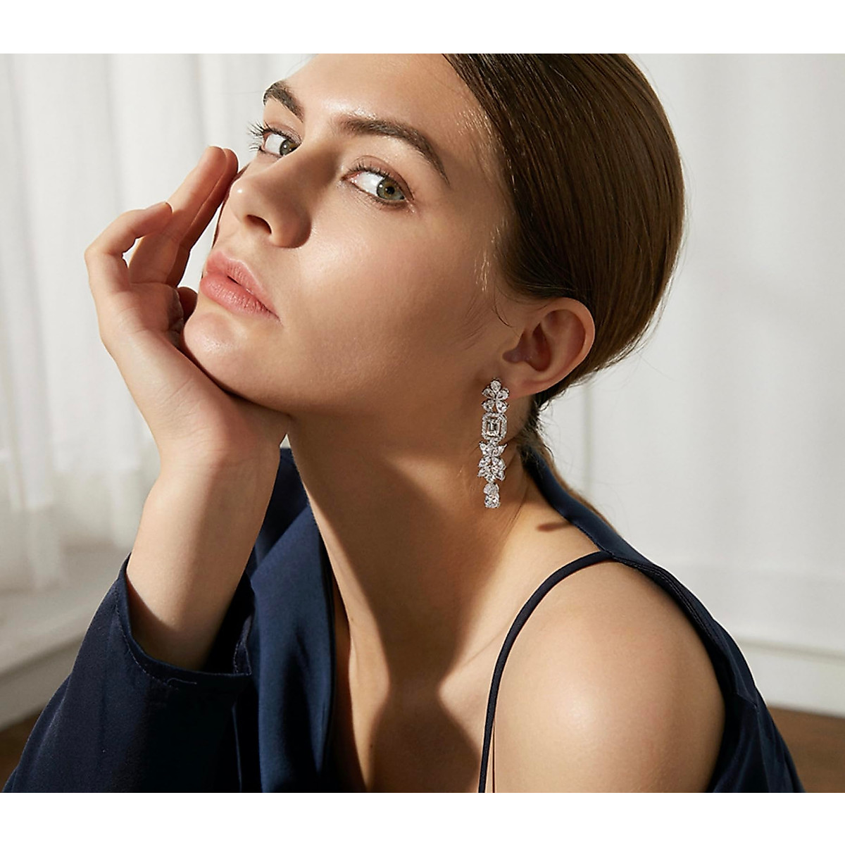 White Gold Plated Rectangle Square Shaped Crystal Wedding Bridal Bridesmaid Clear Cubic Zirconia Stud Dangle Earrings Fashion Jewelry for Women